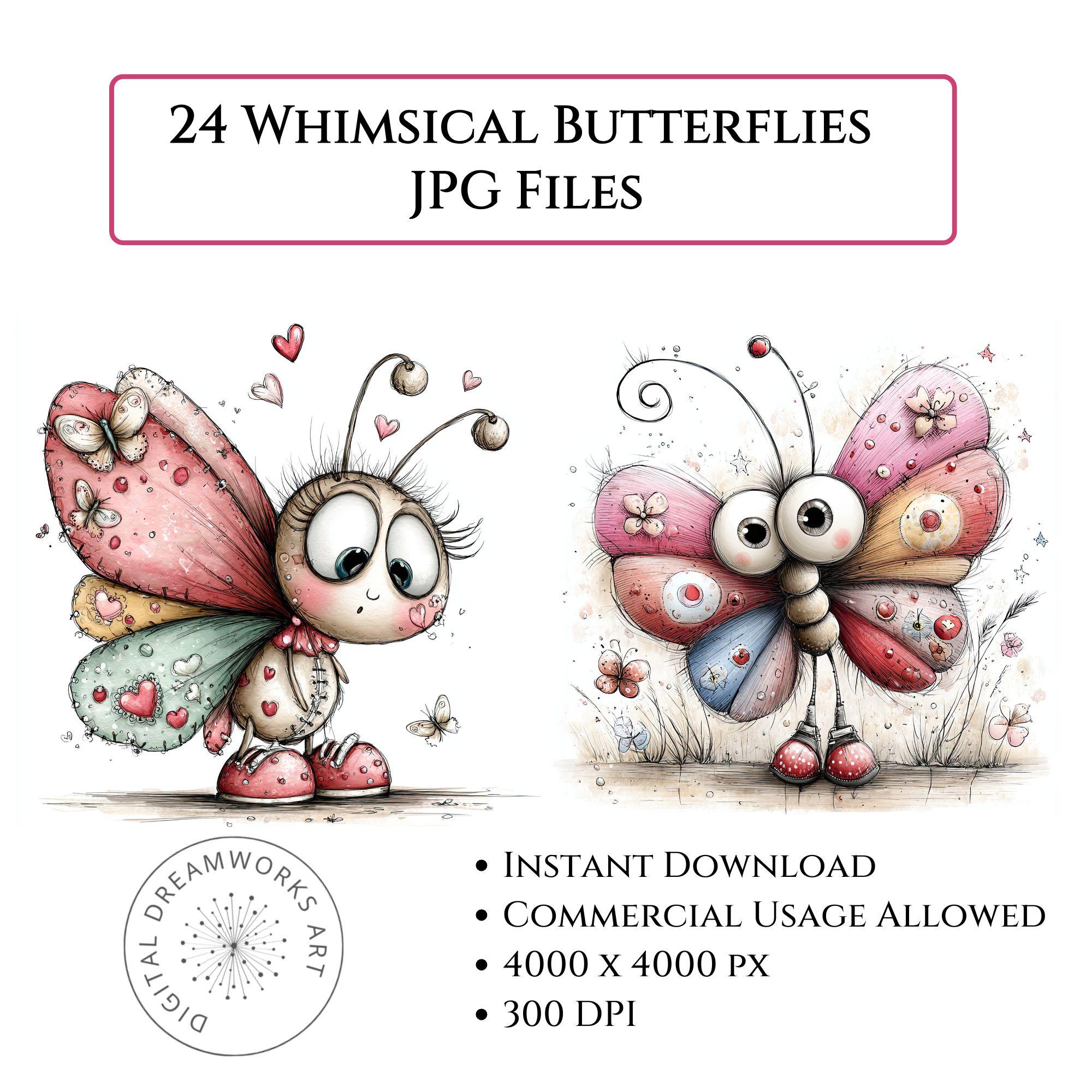 Whimsical Butterfly Clipart Bundle, Watercolor Fantasy Insect Graphics ...