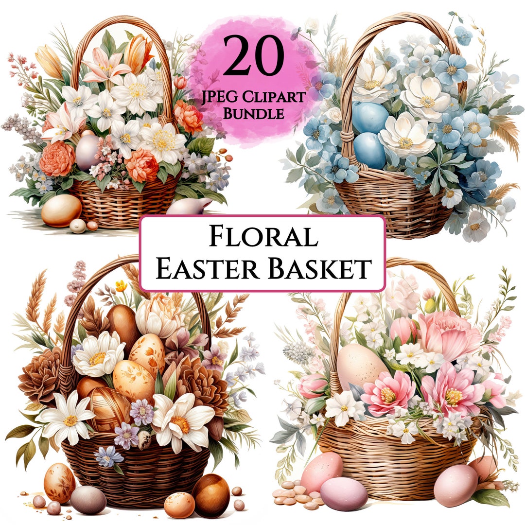 Floral Easter Basket Clipart Bundle, Watercolor Easter Basket Clipart ...