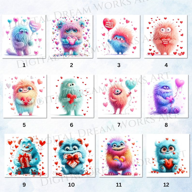Valentine Monsters Clipart Bundle, Printable Valentines Day Kawaii ...