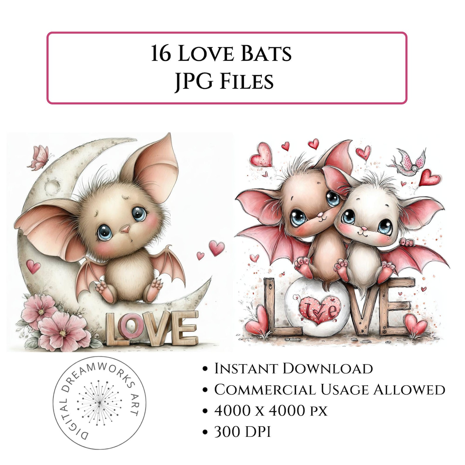 16 Love Bats JPG Bundle, Cute Bat Couple Clipart, Kawaii Fantasy Animal ...