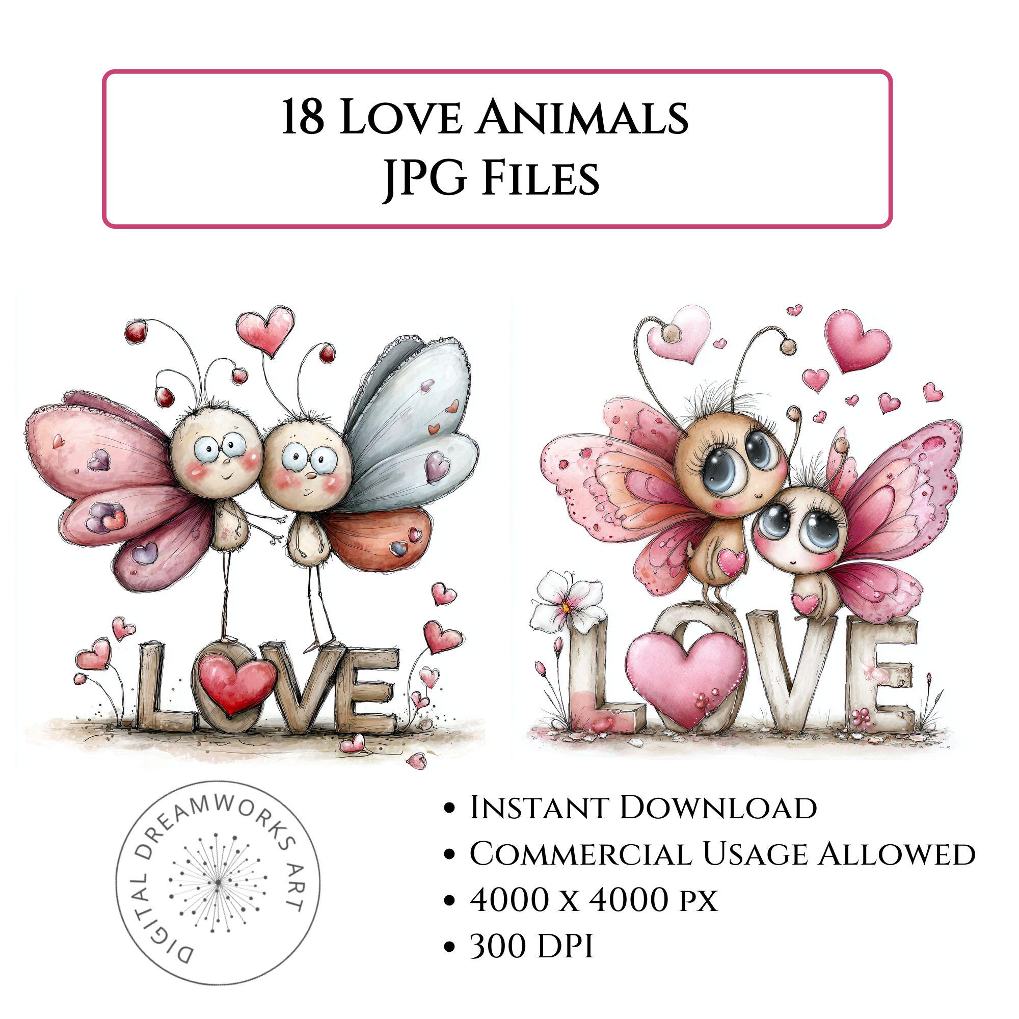 18 Cute Love Animals Clipart Bundle JPG, Kawaii Baby Animals on LOVE ...