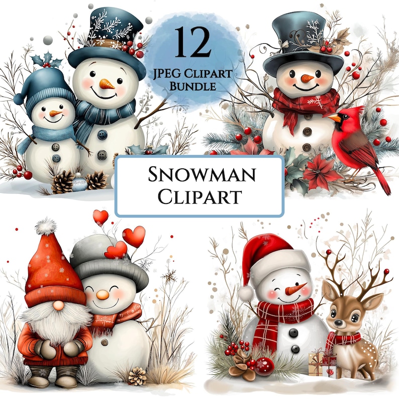 Cute Christmas Snowman Clipart, Reindeer Gnome Clipart Bundle, Snowman ...