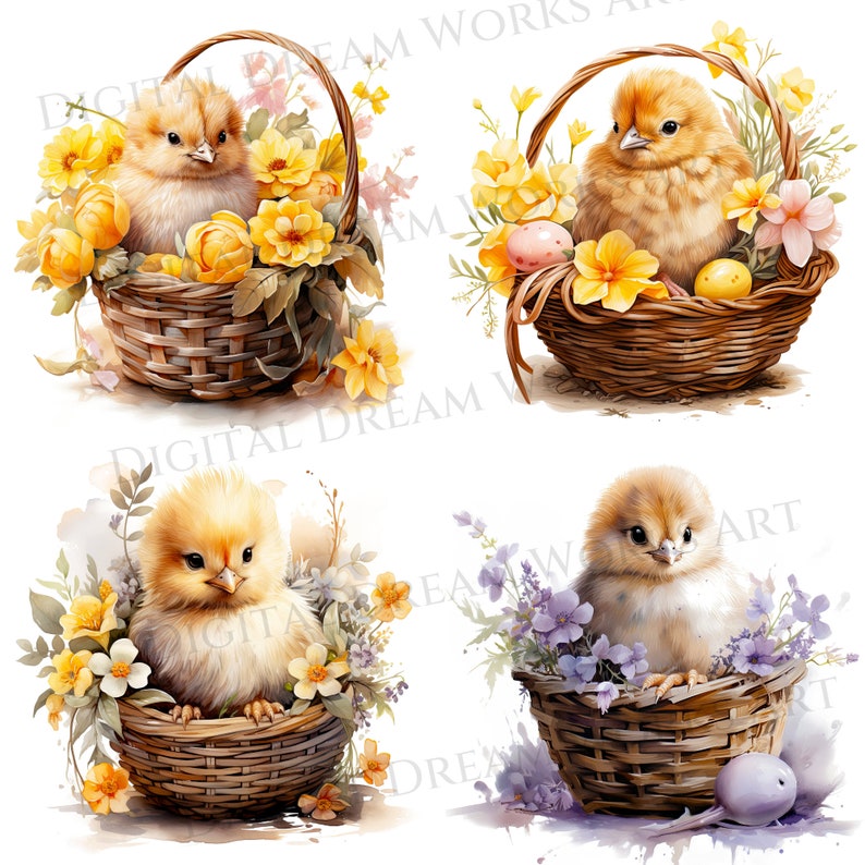 Watercolor Easter Chick Clipart Bundle, Printable Easter Basket Clipart ...