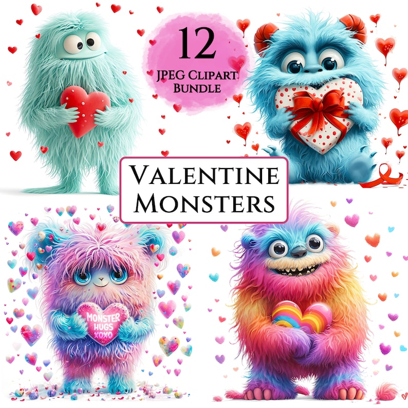 Valentine Monsters Clipart Bundle, Printable Valentines Day Kawaii ...