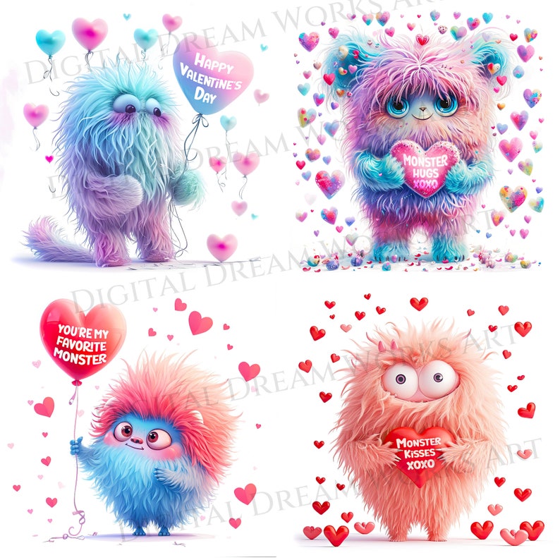 Valentine Monsters Clipart Bundle, Printable Valentines Day Kawaii ...
