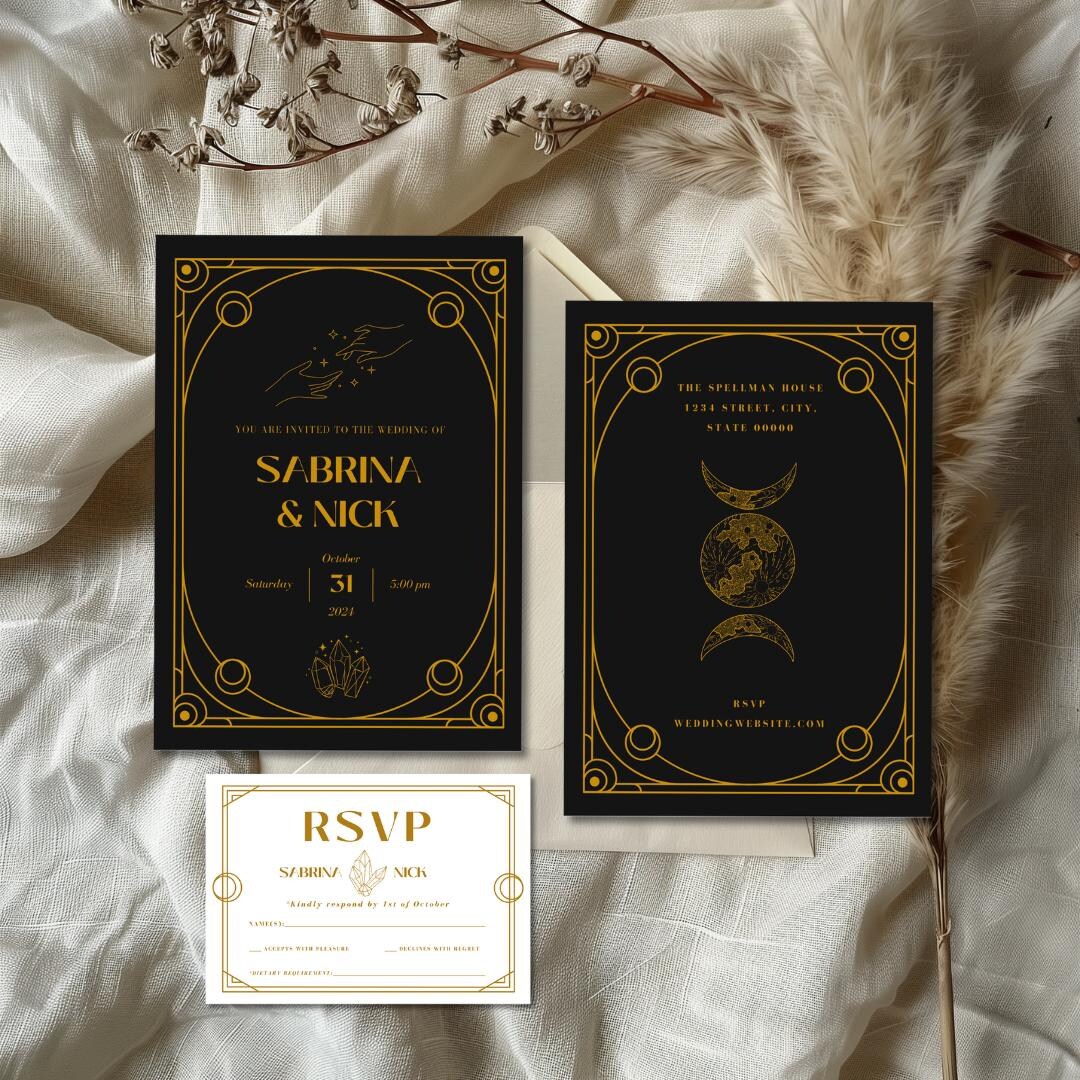 Editable Stardust Magical Wedding Invitation Template | Black and Gold ...