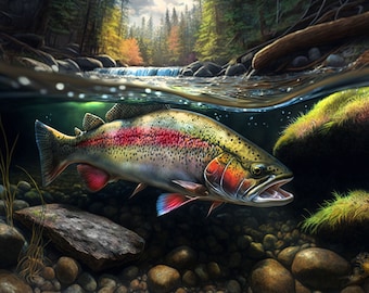 Rainbow Trout Fish Watercolor Painting Digital Print, Nature Art ...