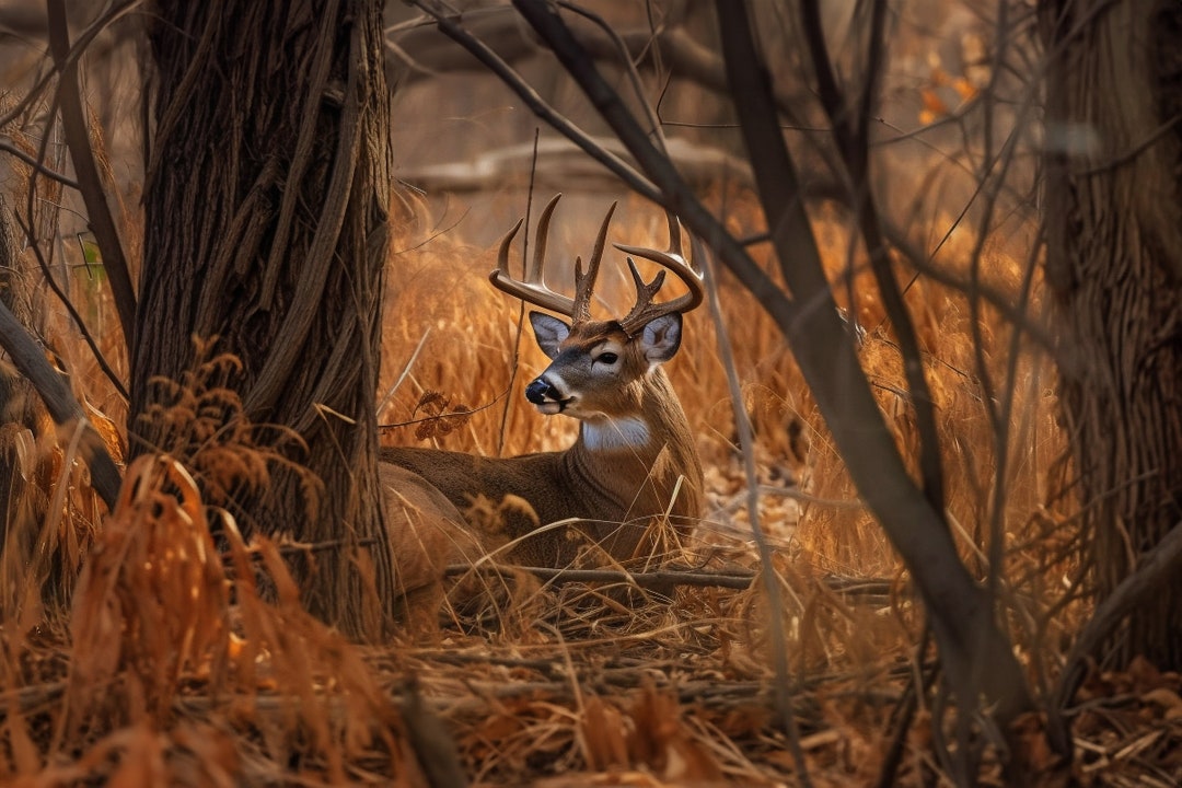 Majestic Whitetail Buck Laying Down, Autumn, Painting Digital Print ...