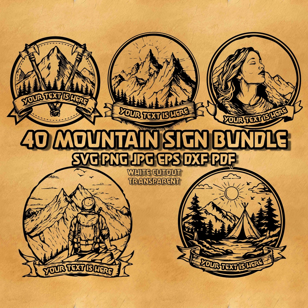 Mountain Sign Svg Bundle, Mountain With Text Banner, Mountain Scene Svg ...