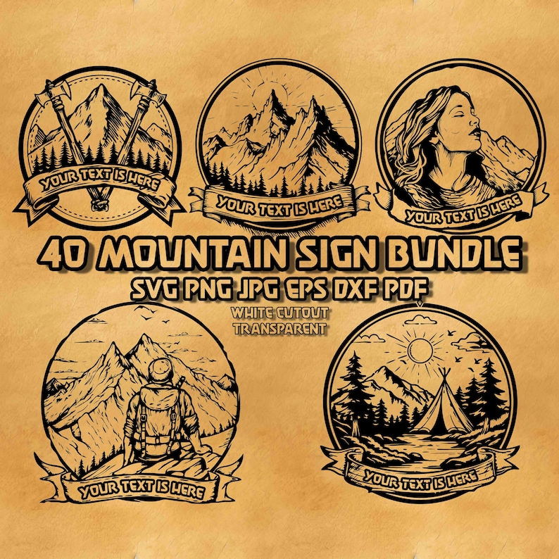 Mountain Sign Svg Bundle, Mountain With Text Banner, Mountain Scene Svg ...