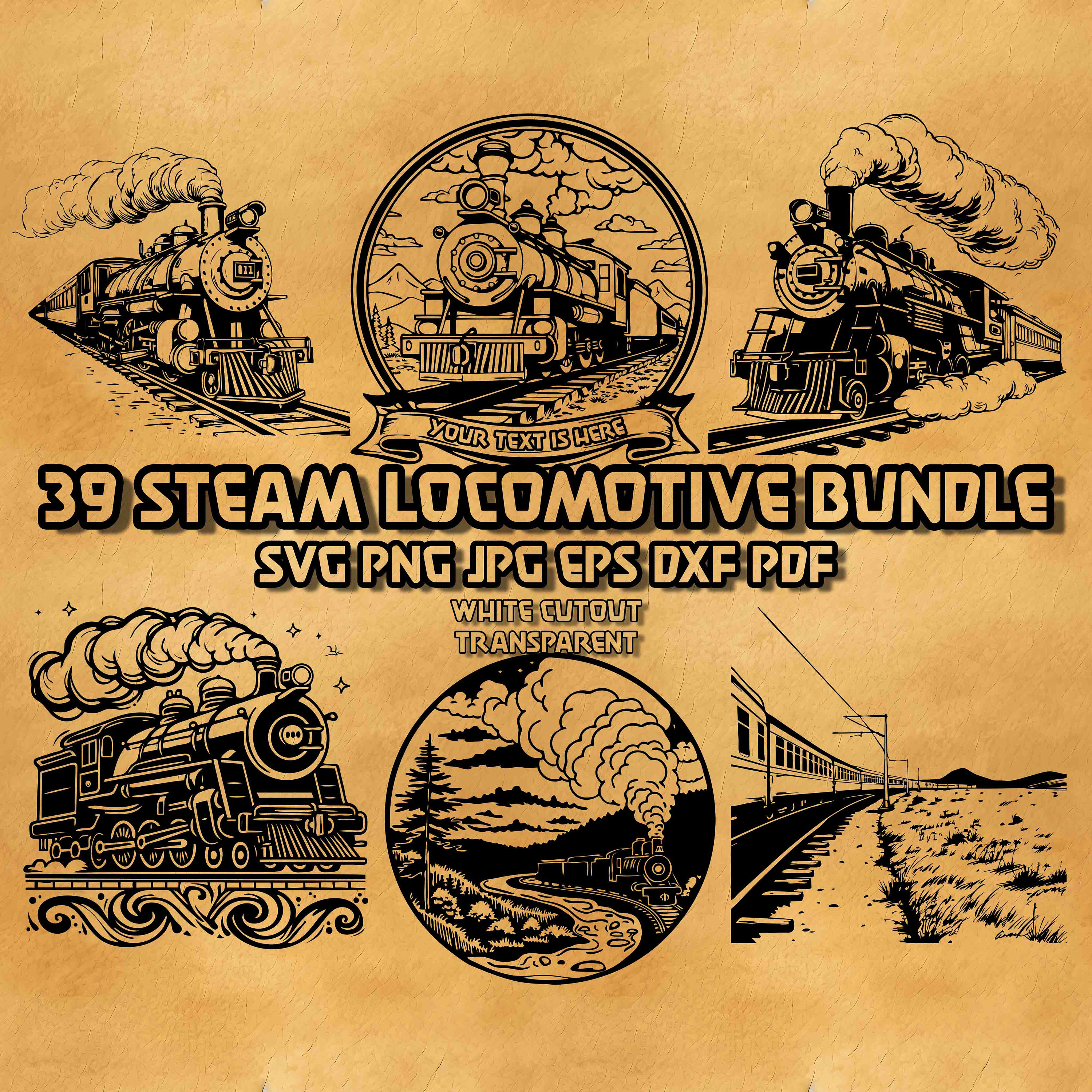 Steam Locomotive SVG Bundle 39 Designs Vintage Railroad Illustrations ...