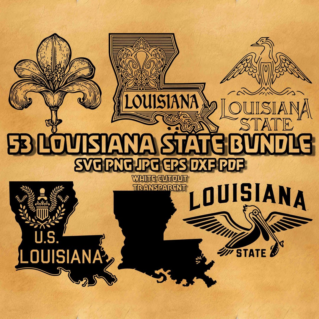 Louisiana State Outline SVG Bundle: Pelican & Fleur-de-lis (PNG, EPS ...