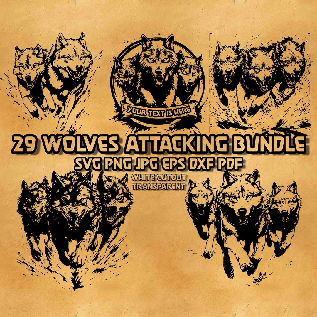 Wolves Attacking Svg Bundle, Wolves Ambush Png, Wolf With Text Banner ...