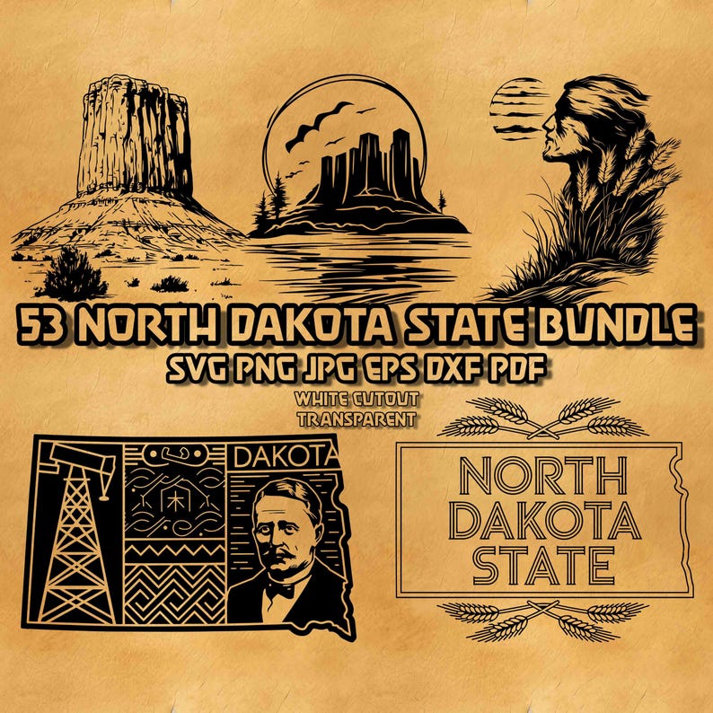 North Dakota SVG Bundle: State Outline, Bison, Oil Derrick (engrave ...