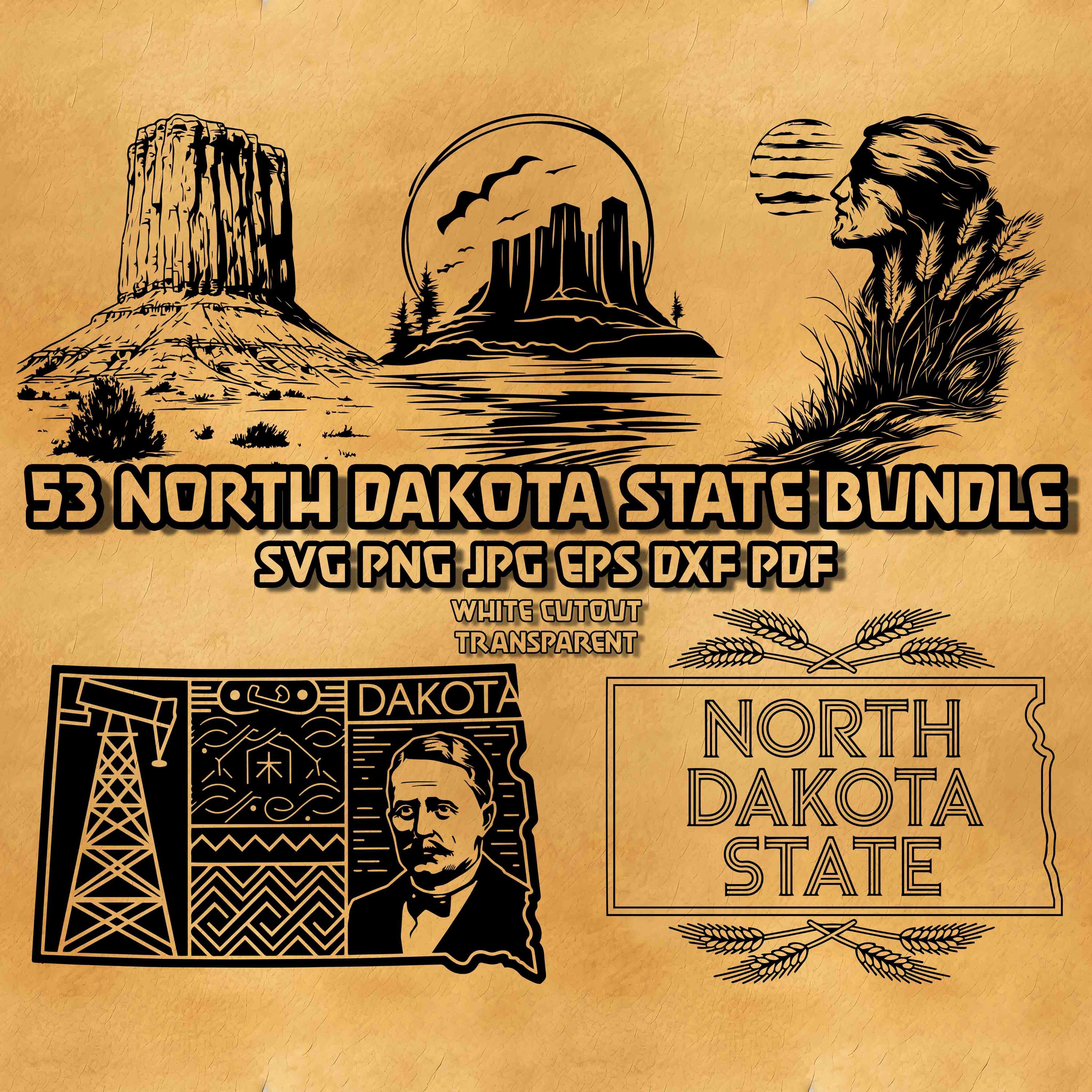 North Dakota SVG Bundle: State Outline, Bison, Oil Derrick (engrave ...