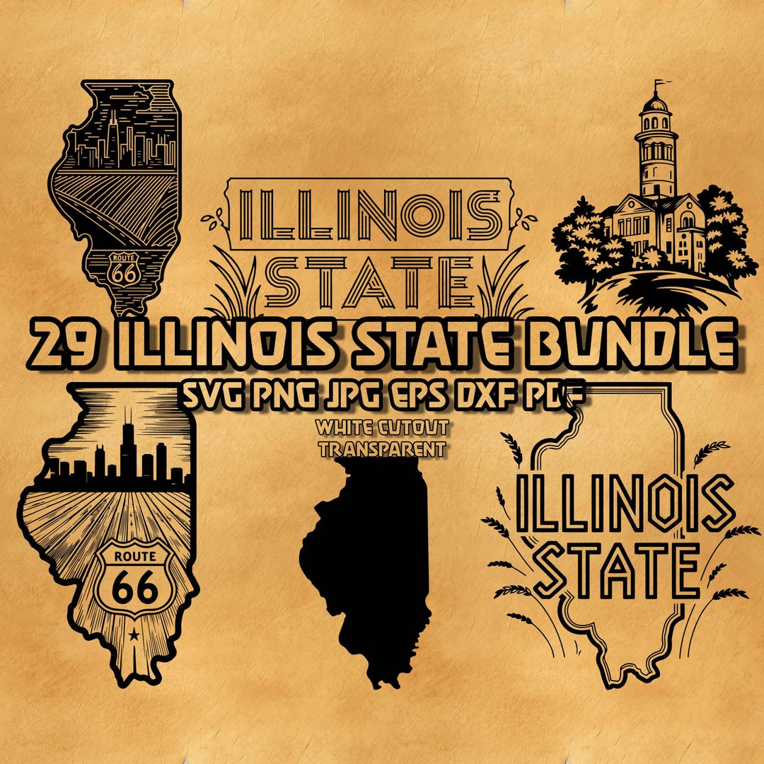 Illinois State Outline SVG Bundle: Chicago Skyline, Route 66 (digital ...