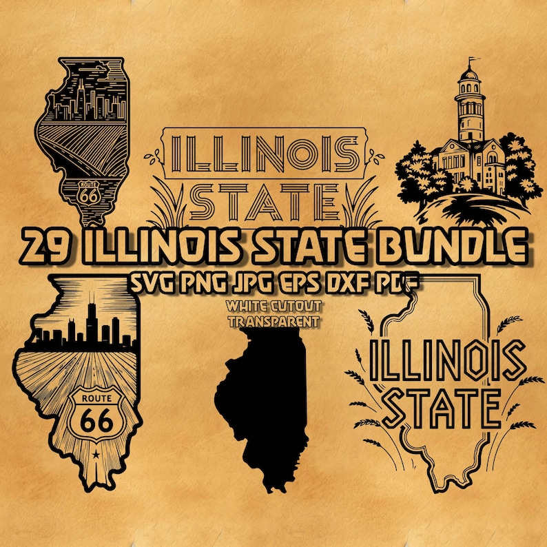 Illinois State Outline SVG Bundle: Chicago Skyline, Route 66 (digital ...