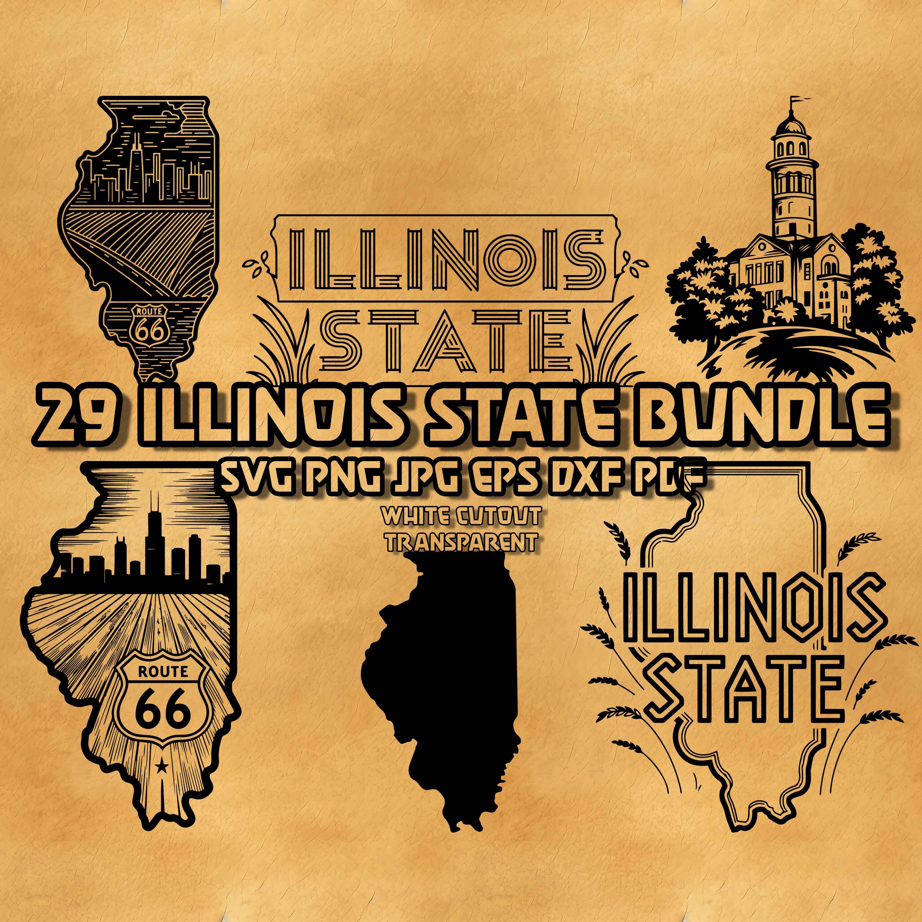 Illinois State Outline SVG Bundle: Chicago Skyline, Route 66 (digital ...