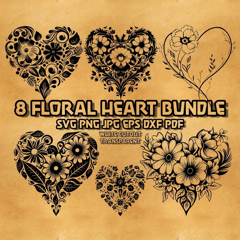 Floral Heart Svg Bundle, Heart Wreath Svg, Heart Flowers Svg, Heart ...