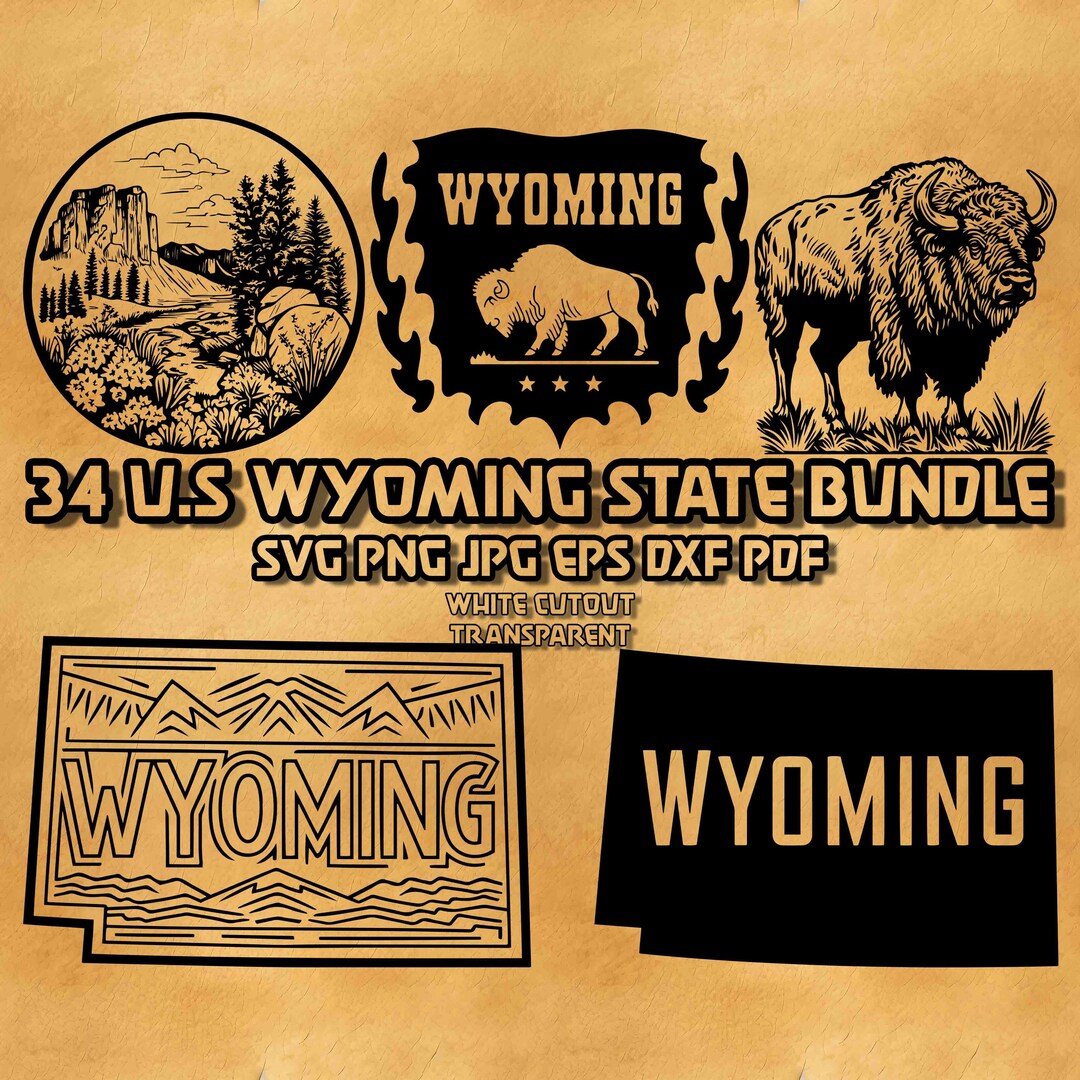 Wyoming State Outline SVG Bundle: Bison, Mountains, Nature (digital ...