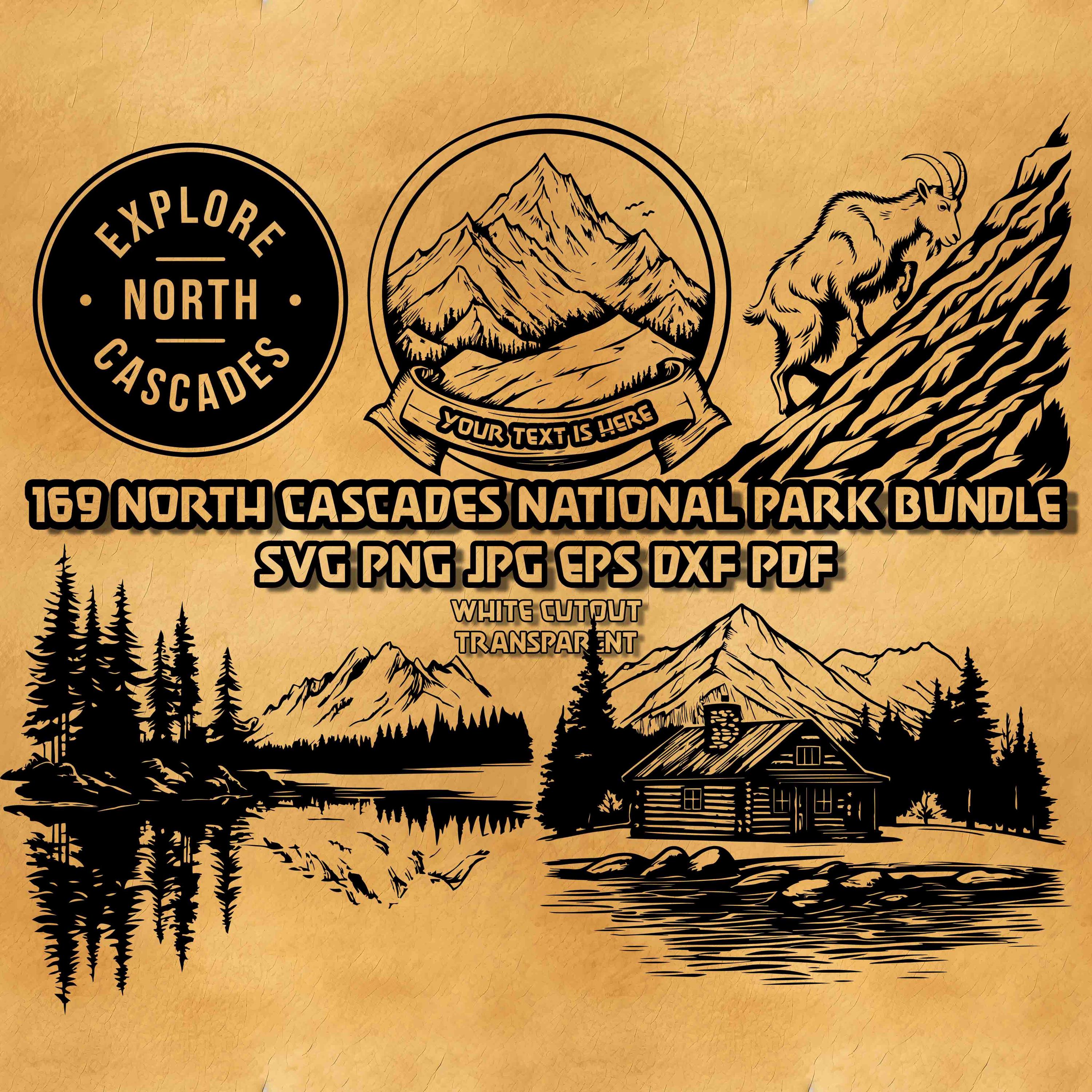 North Cascades National Park SVG Bundle: Mountain, Lake, Cabin Clipart ...