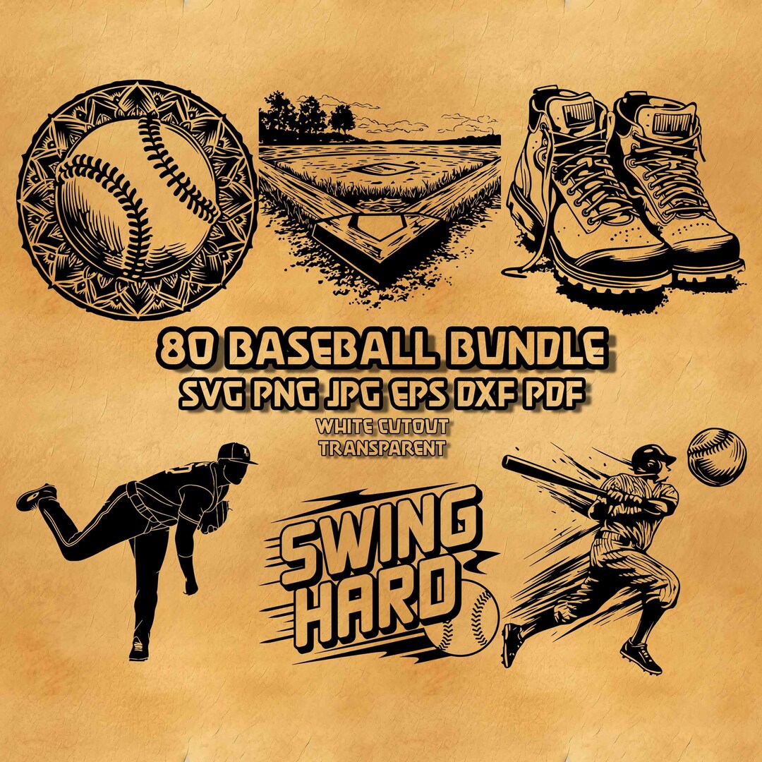 Baseball SVG Bundle Vintage Pennant Illustrations Bat Glove Cap Line ...