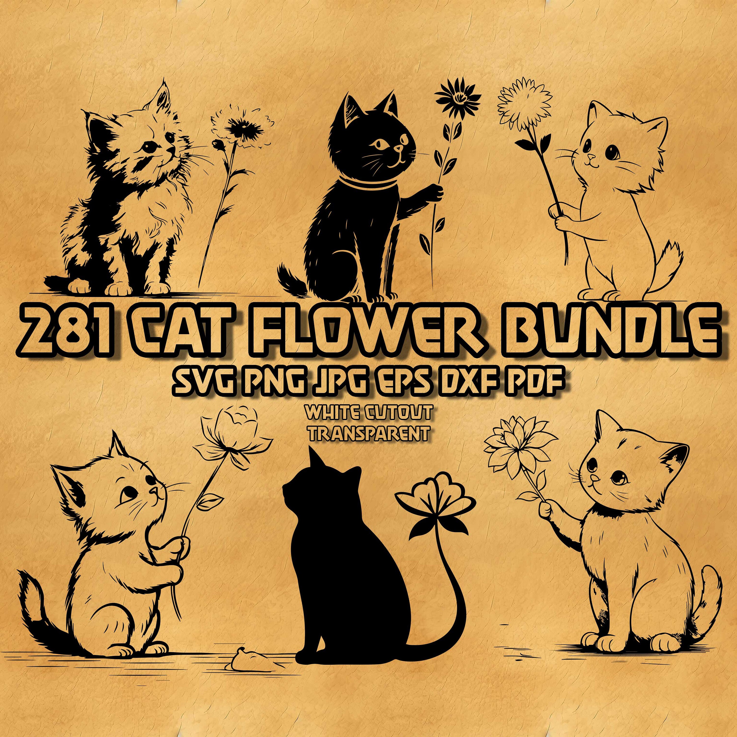 Cat Holding Flower Bundle Svg, Minimalist Simple Cat Flower Svg, Cat ...