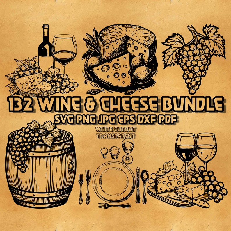 132 Wine and Cheese SVG Bundle: Charcuterie Board Illustrations, Grape ...