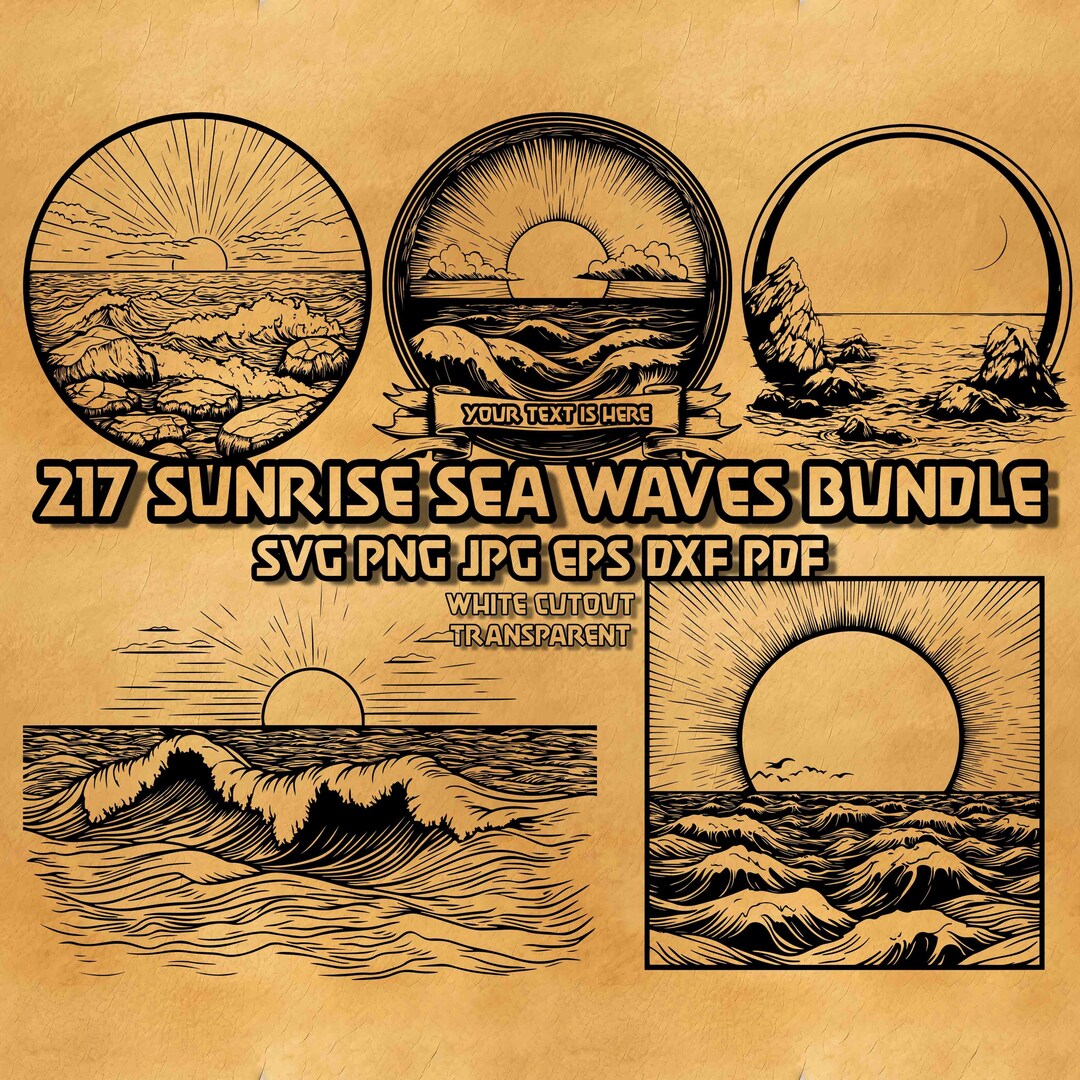 Sunrise Sea Waves Svg Bundle, Sea and Sun Monogram Svg, Wavy Sea Scene ...
