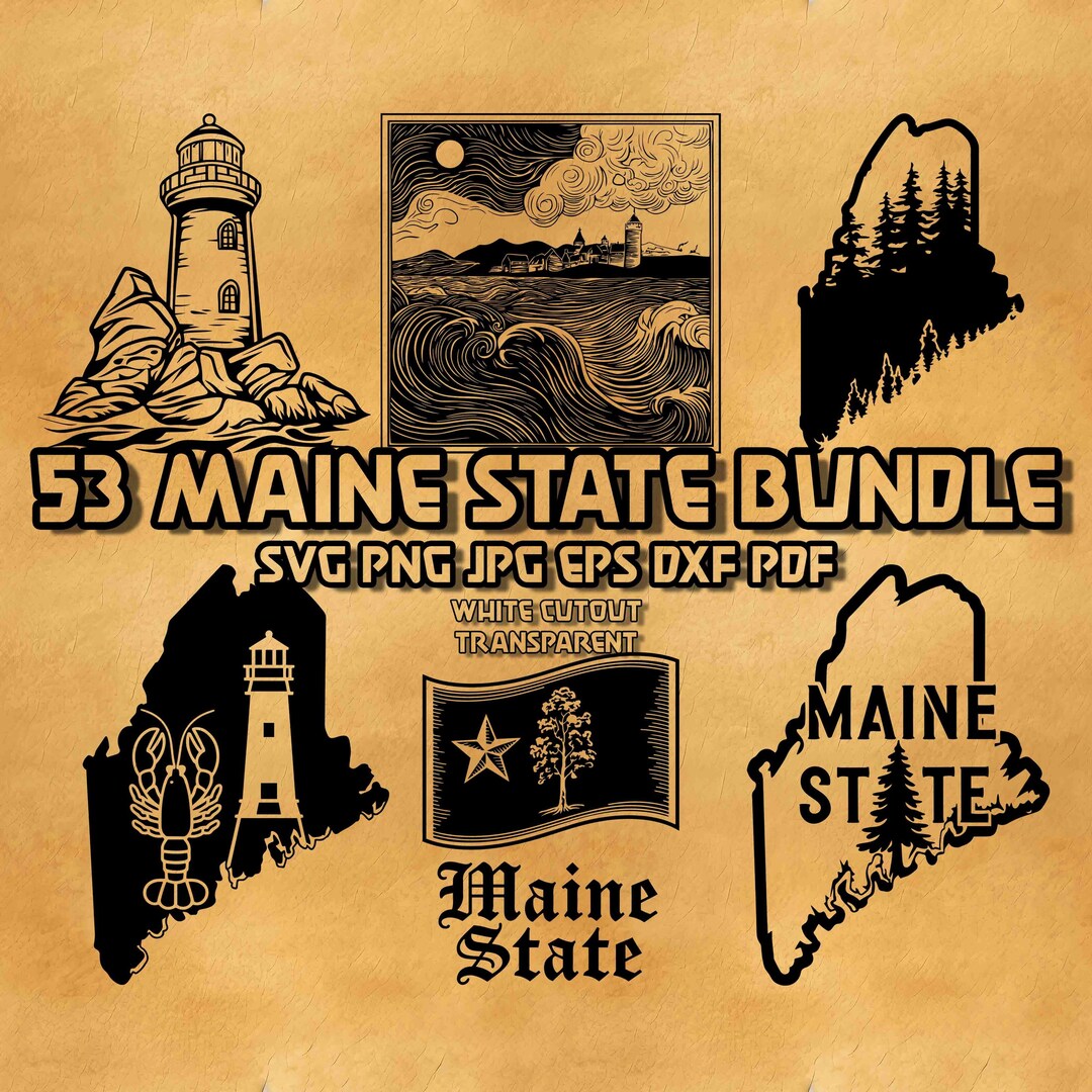 Maine State Outline SVG Bundle: Lobster, Lighthouse, Pine Tree (digital ...