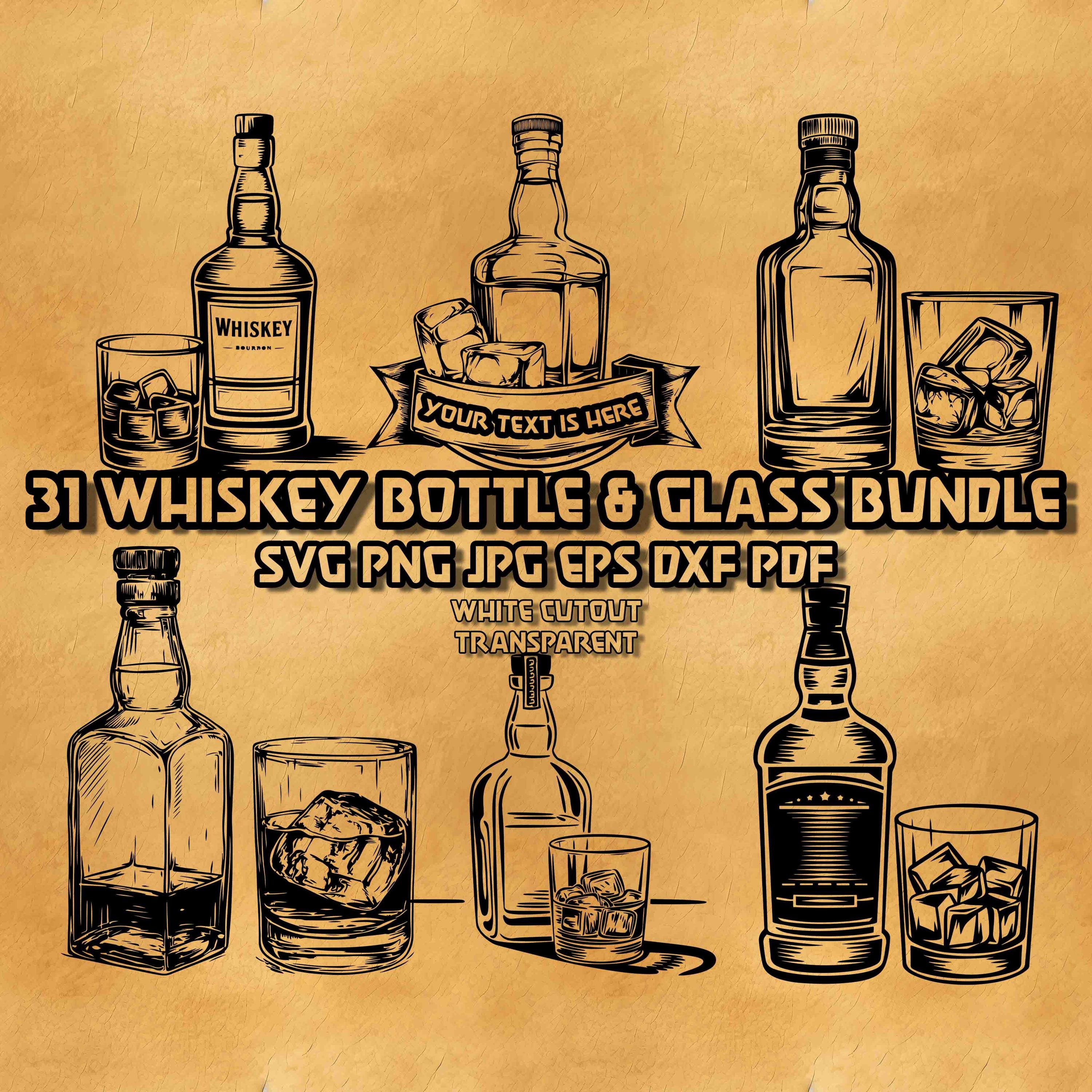 Whiskey Bottle and Ice Whiskey Glass SVG Bundle, Bourbon Glass Barware ...