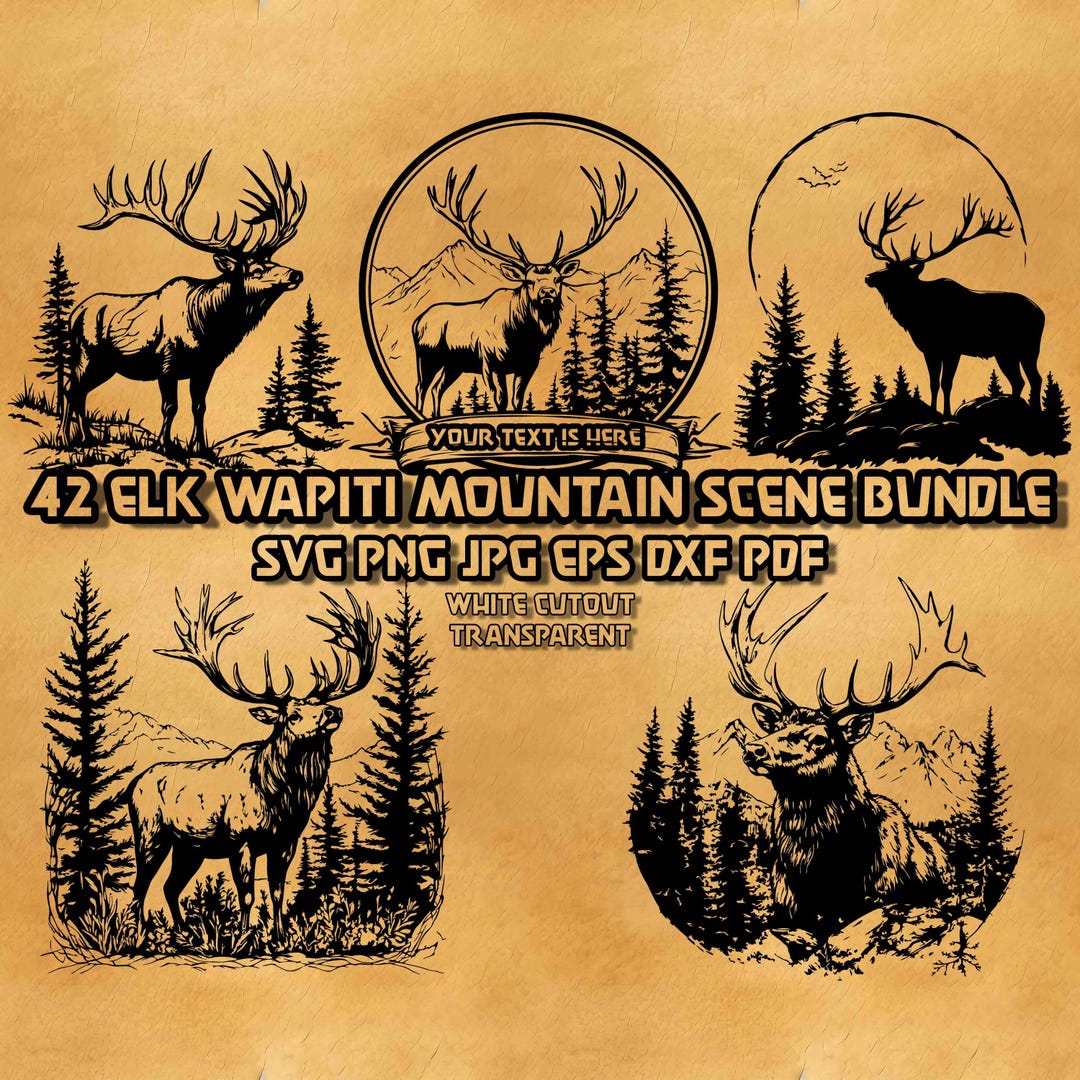 Elk Mountain Scene SVG Bundle: Wildlife Silhouette, Laser Cut Clipart ...