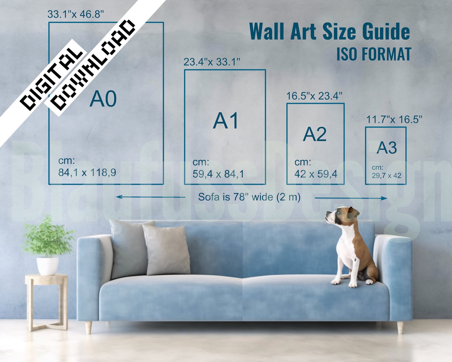 Digital Wall Art Size Guide With Adorable Dog Sitting on Sofa, Vertical ...