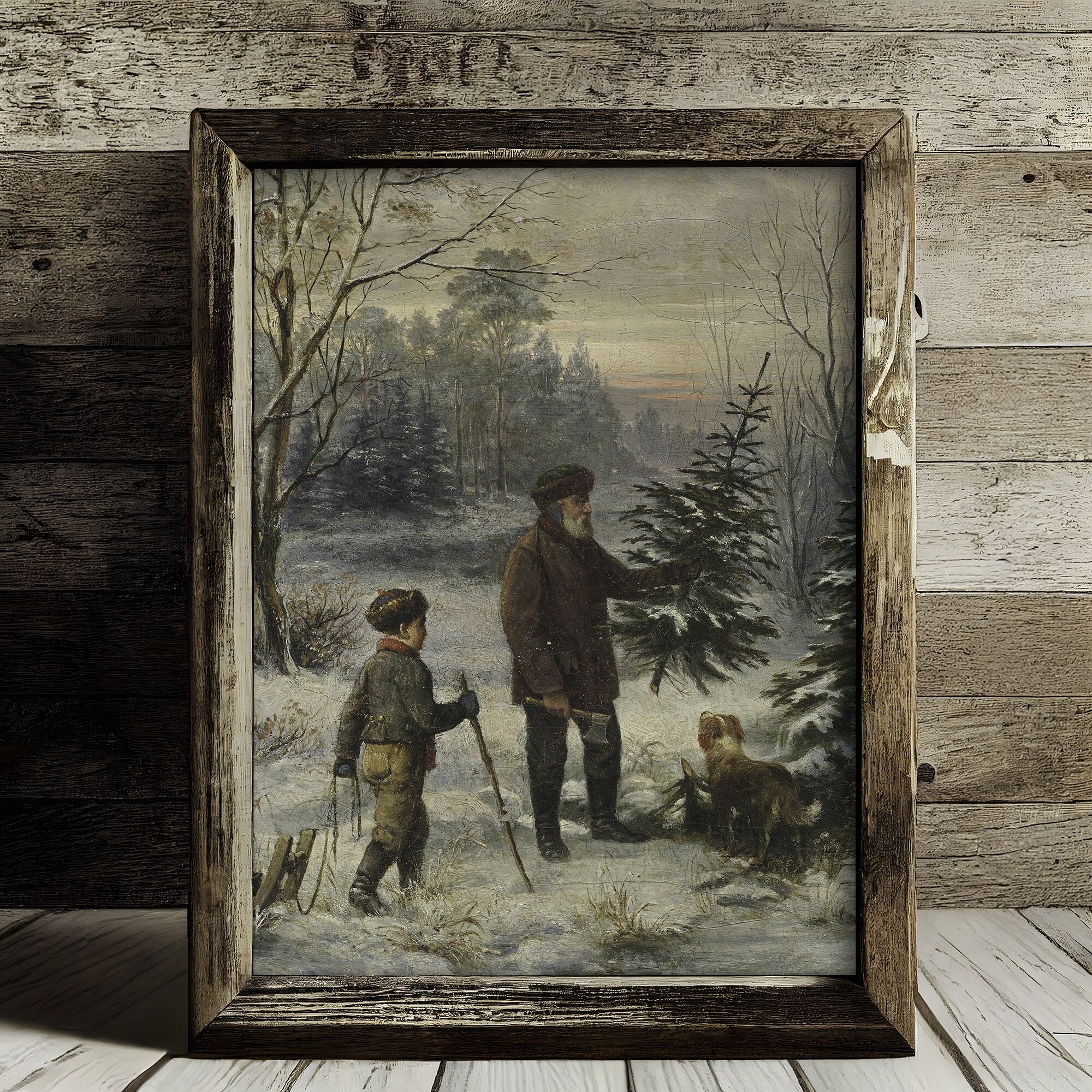 Rustic Christmas Tree Painting, Printable Vintage Wall Art, Snowy ...