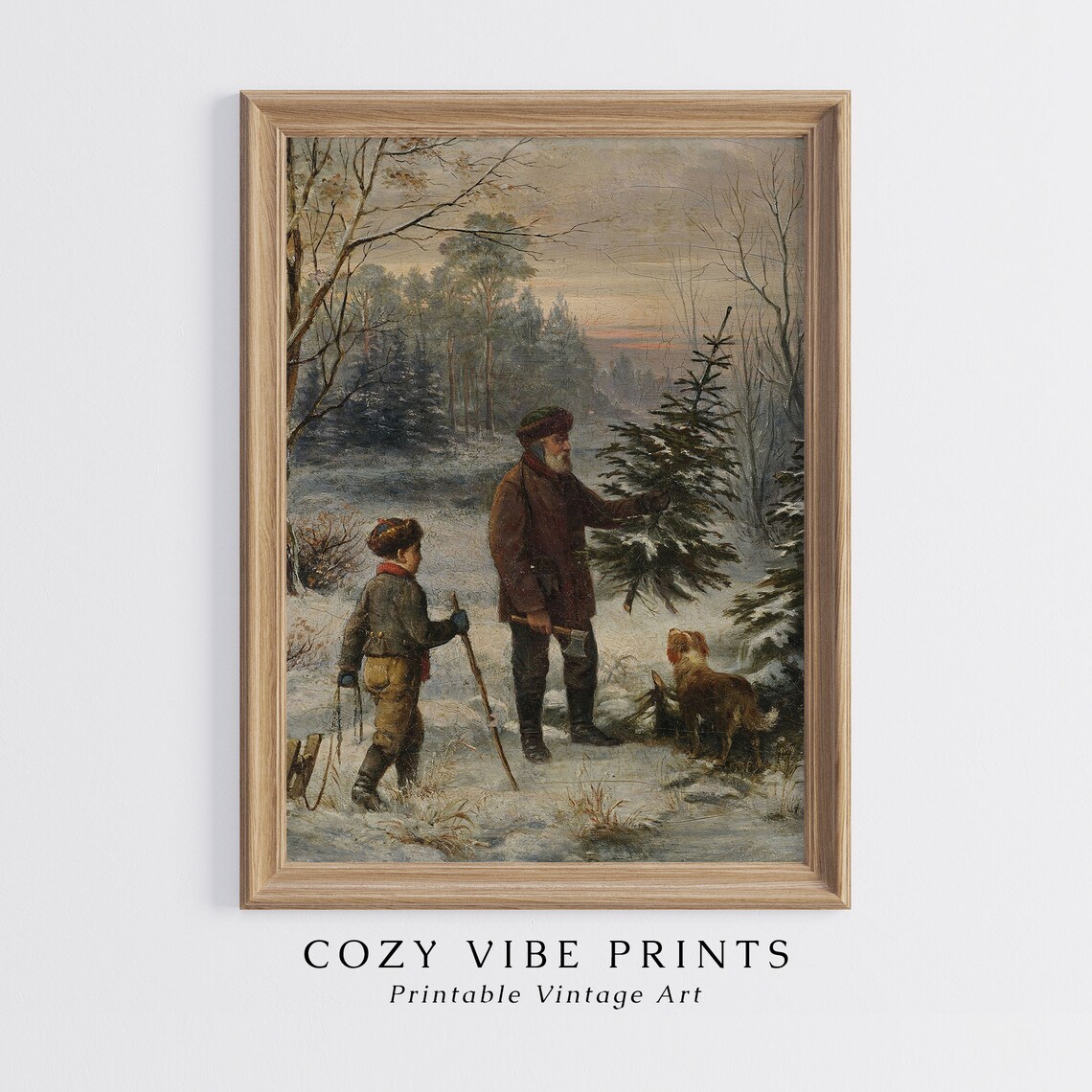 Rustic Christmas Tree Painting, Printable Vintage Wall Art, Snowy ...