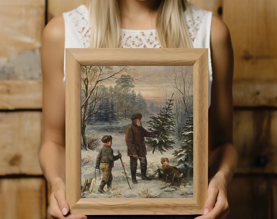 Rustic Christmas Tree Painting, Printable Vintage Wall Art, Snowy ...