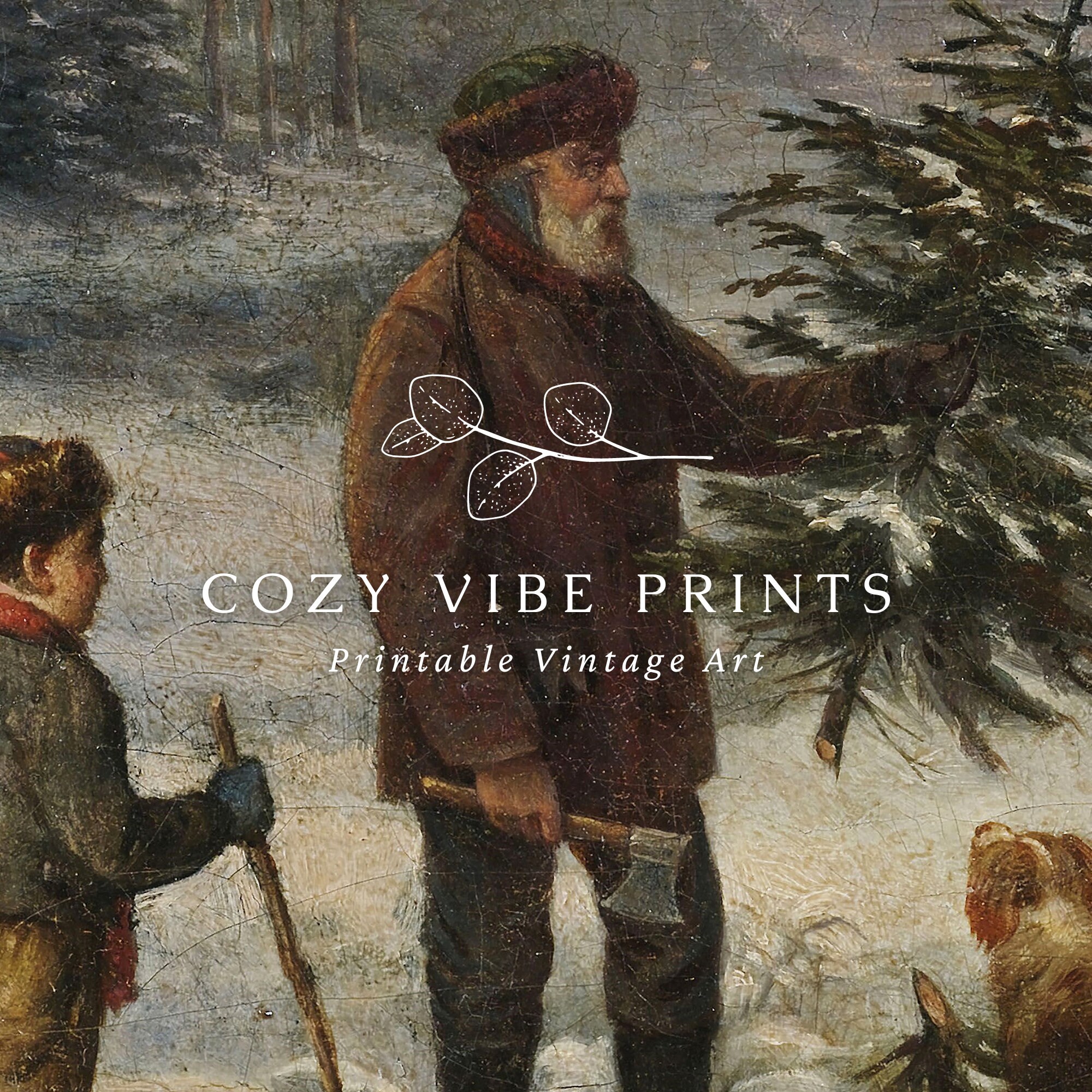 Rustic Christmas Tree Painting, Printable Vintage Wall Art, Snowy ...