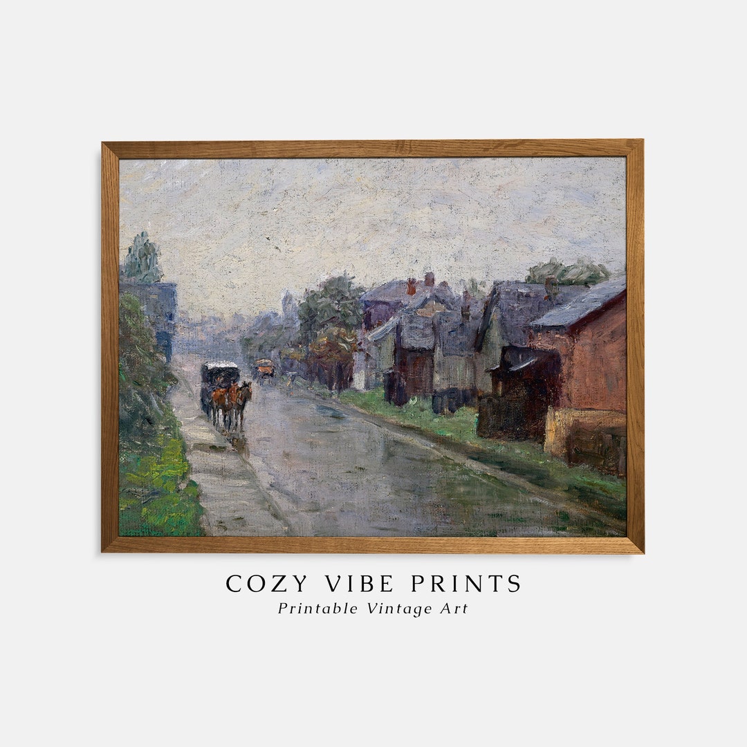 Village Street Scene Painting, Printable Landscape Wall Art, Horse ...