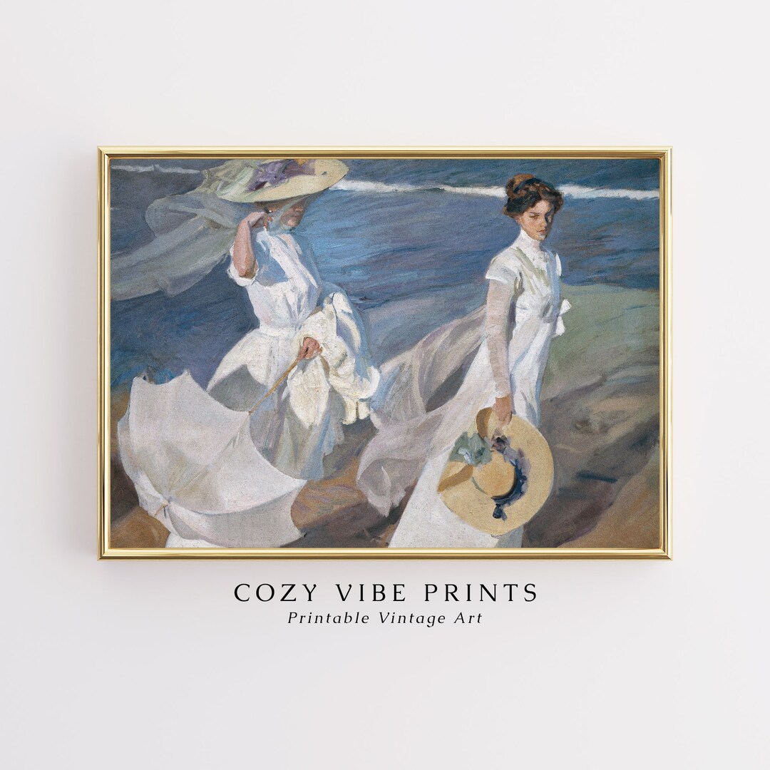 Two Victorian Women on the Beach Oil Painting, Printable Vintage Wall ...