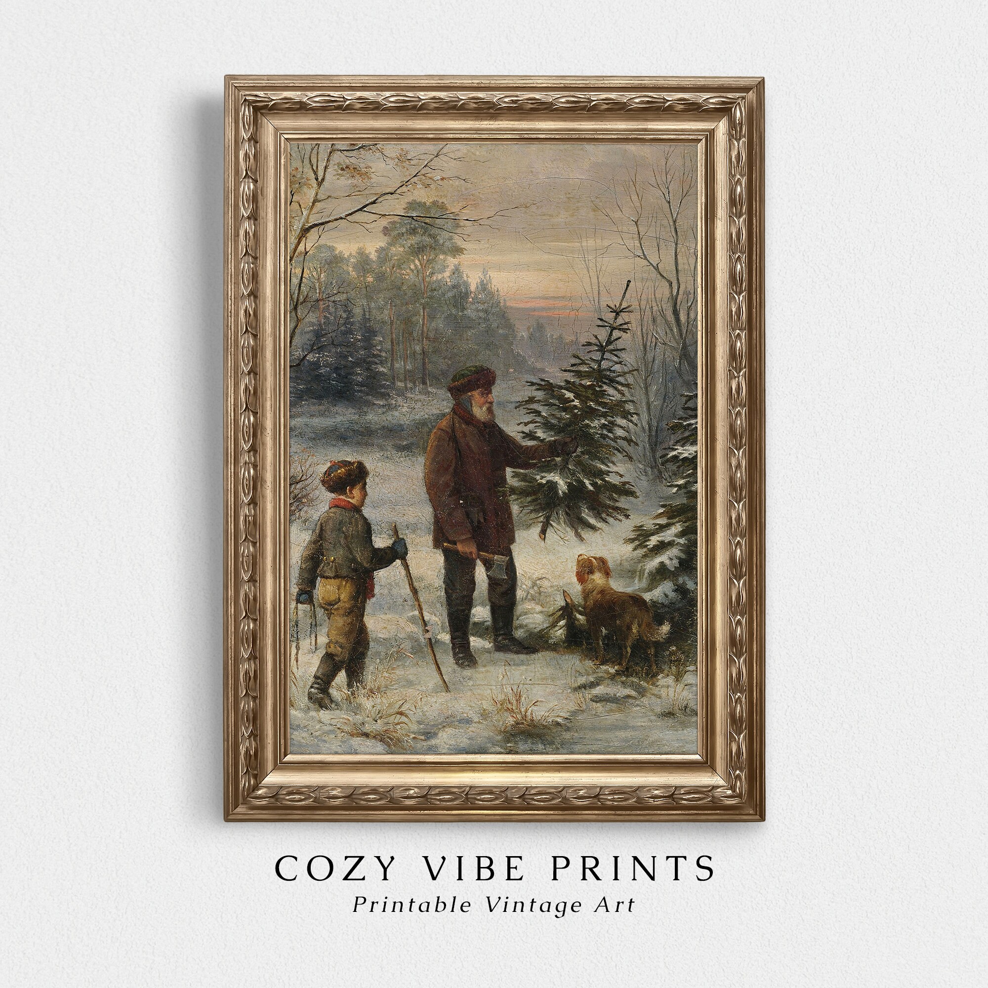 Rustic Christmas Tree Painting, Printable Vintage Wall Art, Snowy ...