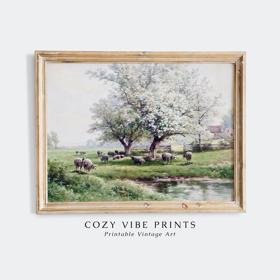 Sheep Farm Spring Landscape Painting: Vintage Farmhouse Print (digital ...