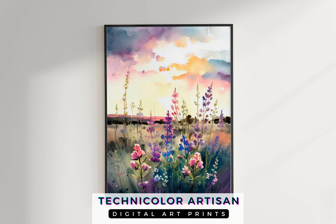 Texas Wildflower Sunset Art Print Colorful Watercolor Wildflower Field ...