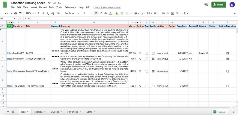 Fanfiction Tracking Spreadsheetwith Automatic Data Import - Etsy