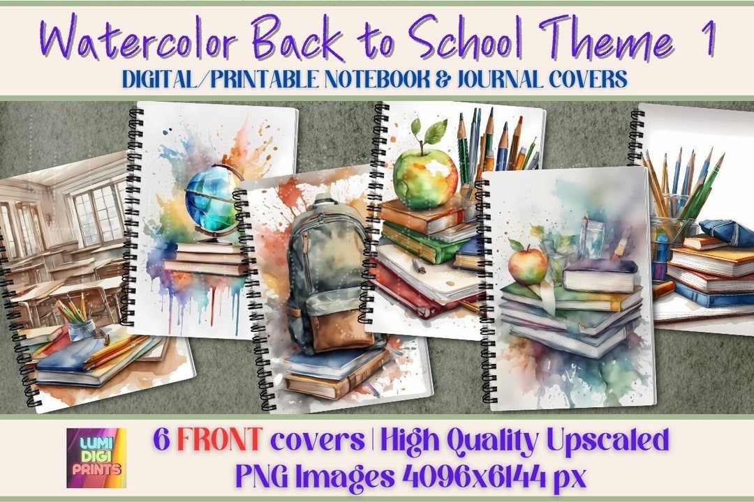 Colorful Watercolor Back to School Journal Covers Set, Printable Pngs ...