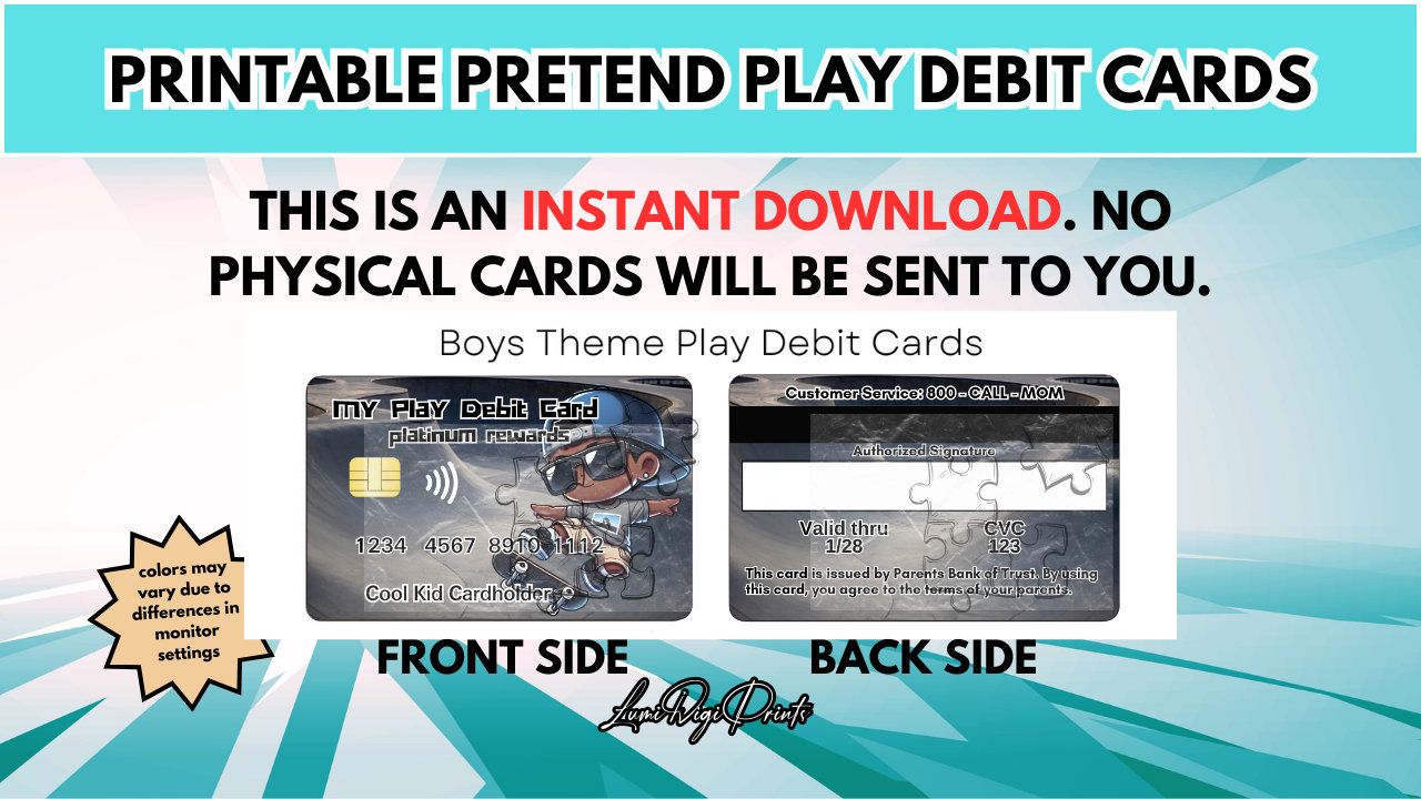 Printable Pretend Play Credit Debit Cards, Printable Children's Credit ...