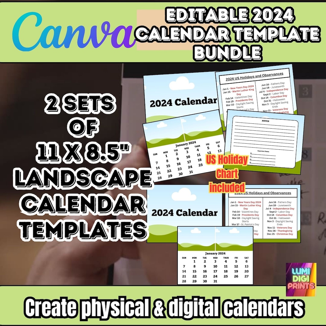 Plantilla de calendario horizontal 2024 editable en Canva y ...