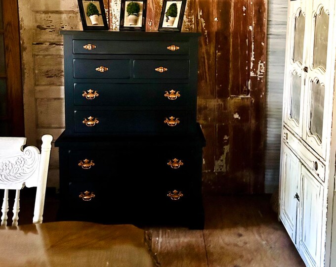 Bold and Black Solid Wood Vintage Tall Boy Chest of Drawers - Etsy