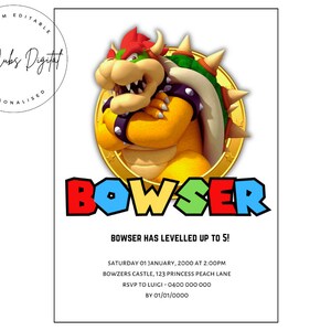 Bowser Mario Bros Invitation, Bowser Invitation, Super Mario Birthday ...