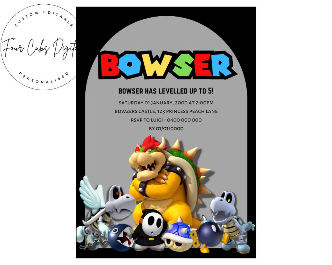 Bowser Mario Bros Invitation, Bowser Invitation, Super Mario Birthday ...