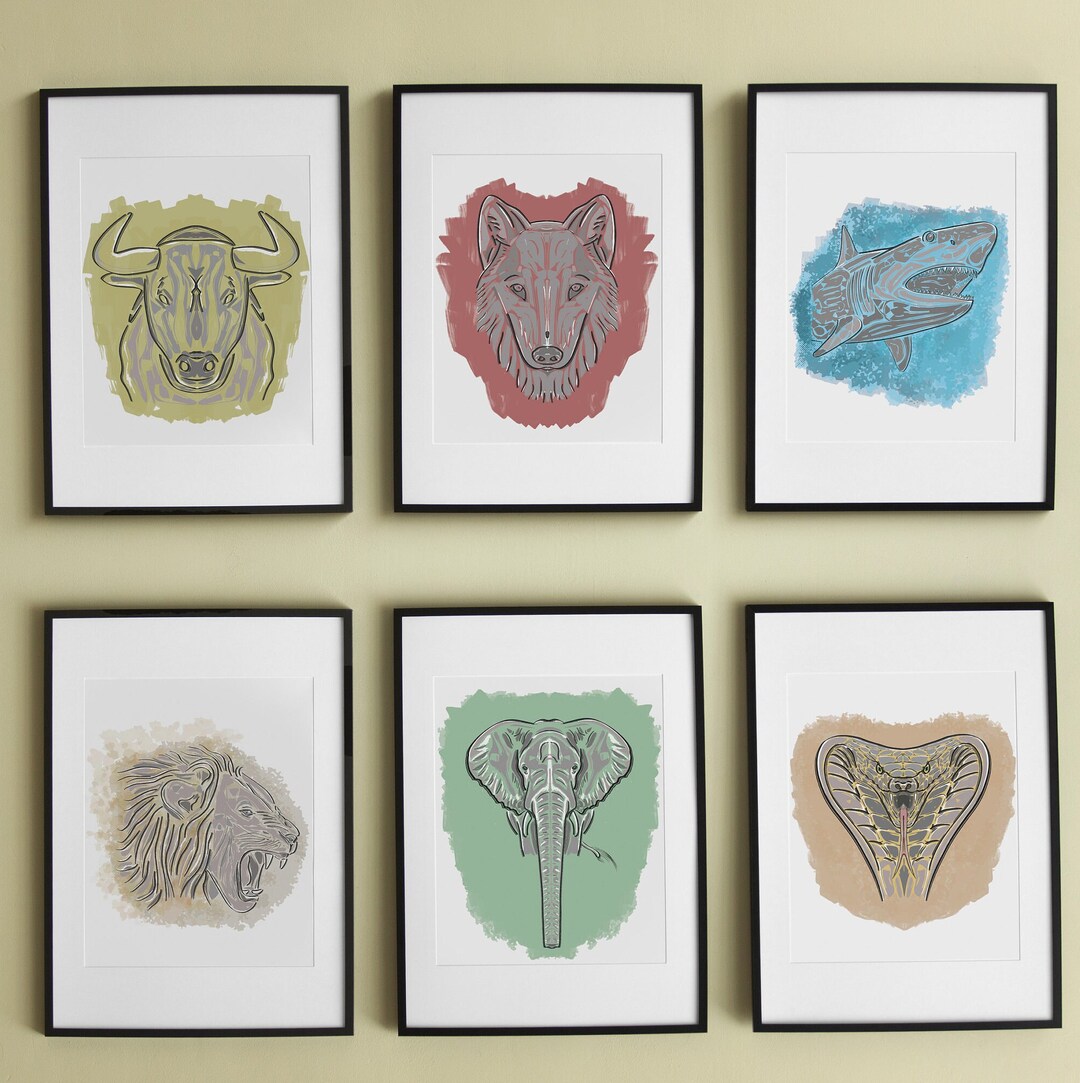 Original Wall Nature Art, Set of 6 Colored Artistic Paints of Animals ...